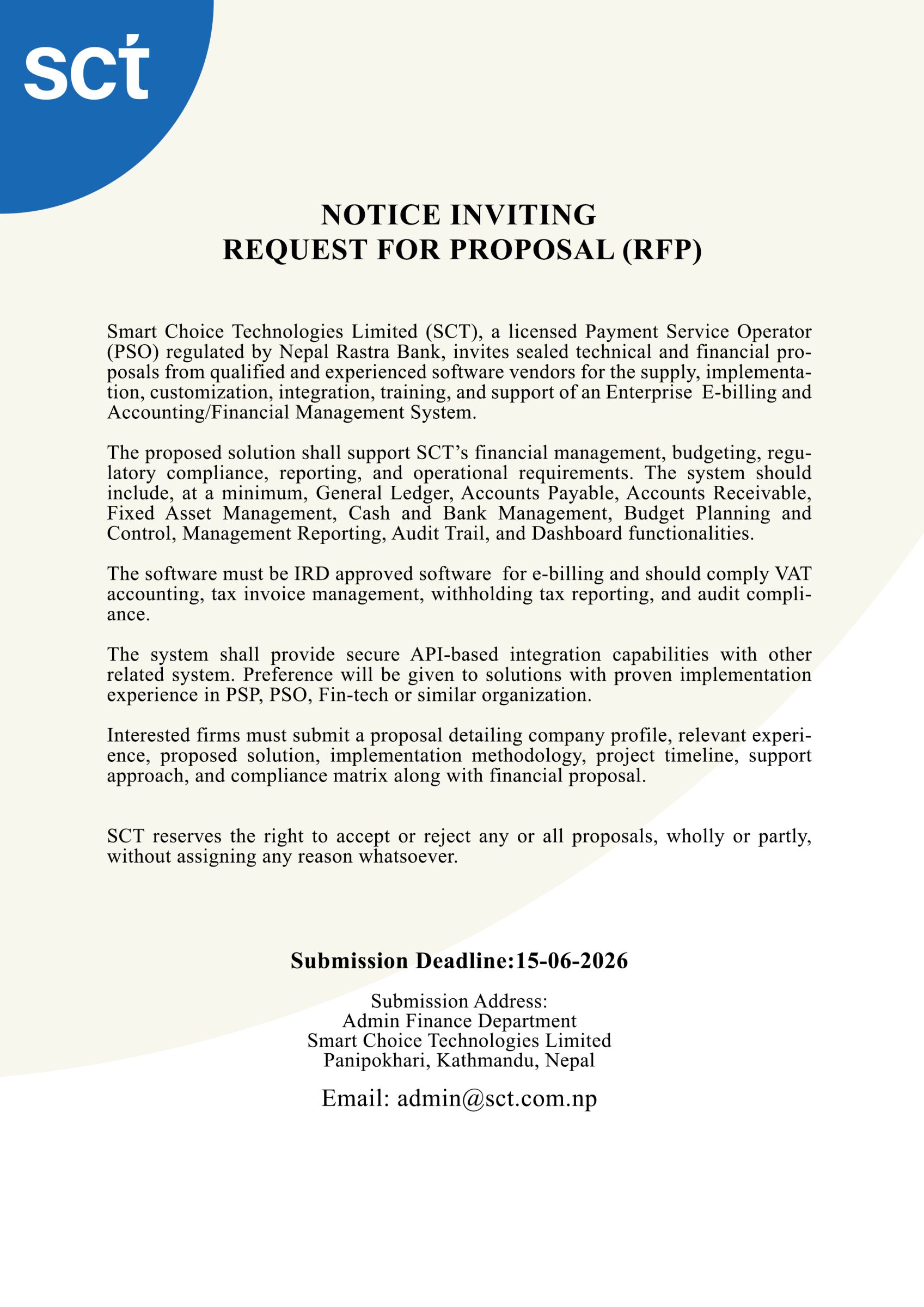 NOTICE :INVITING REQUEST FOR PROPOSAL (RFP) - SCT